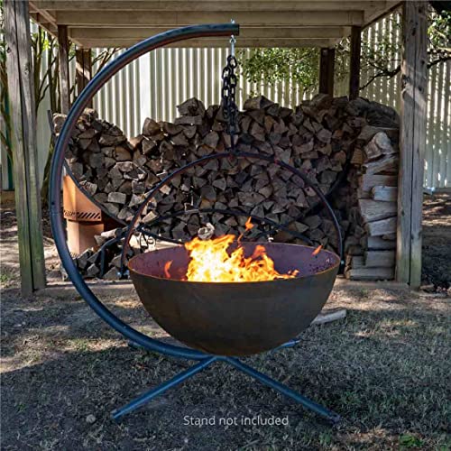 Ash & Ember 42" Cast Iron Cauldron Fire Pit Bowl with Double Hinged Grill Grate-Easy-Lift Handles & Handing Chain, Round Wood Burning Patio Fire Bowl for Backyard Patios
