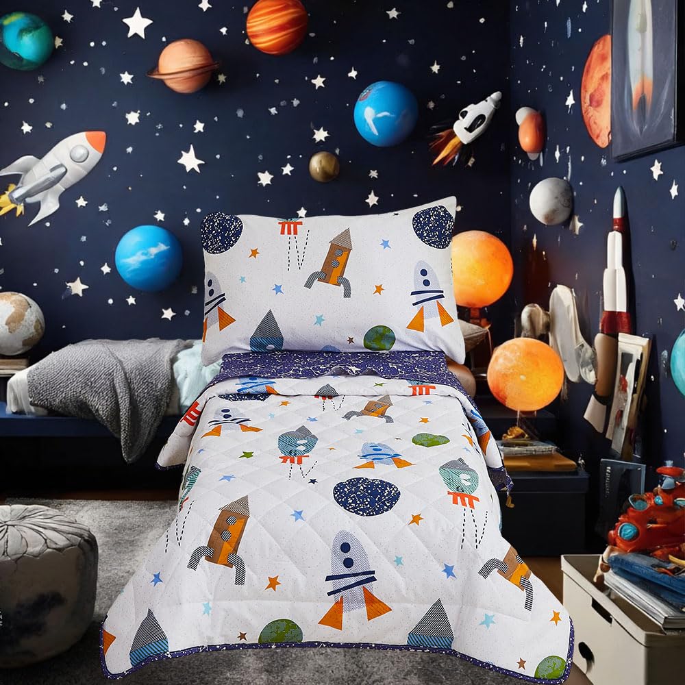 Brandream Outer Space Toddler Bedding Sets for Boys Spaceship Galaxy Rocket Bed in A Bag Cotton Comforter Set, 4PCS Includes Comforter, Top Sheet, Mattress Sheet, Pillowcases