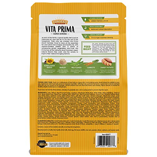 Sunseed Vita Prima Dwarf Hamster Food - Dry Food for Dwarf Hamsterrs - Vitamin-Fortified with Essential Nutrients - Supports Healthy Digestion and Healthy Teeth