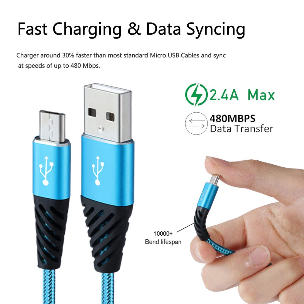 High Speed Micro USB Cable 5 Pack 10FT Android Cell Phone Charger Cables Nylon Braided Fast Charging Short Cord Compatible with Samsung S7 J7 LG HTC Motorola Kindle BlackBerry Nexus Xbox PS4 Blue