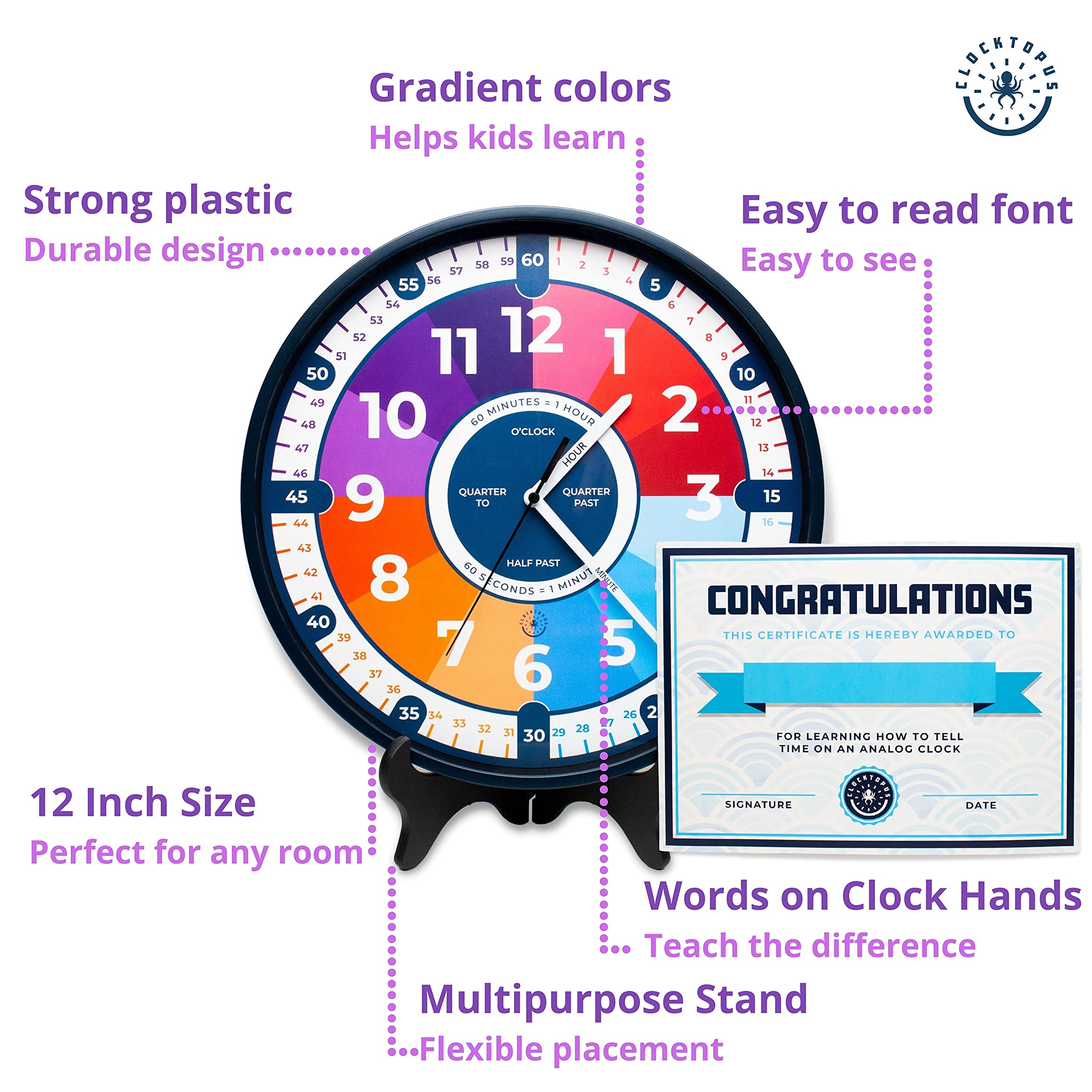 CLOCKTOPUS Kids Learning Clock. Wall Clock Silent with Stand. Analog Clock Telling Time Teaching Clock for Kids. Educational Clock for Kid Playroom Decor, Classroom Clock, Homeschooling Supplies