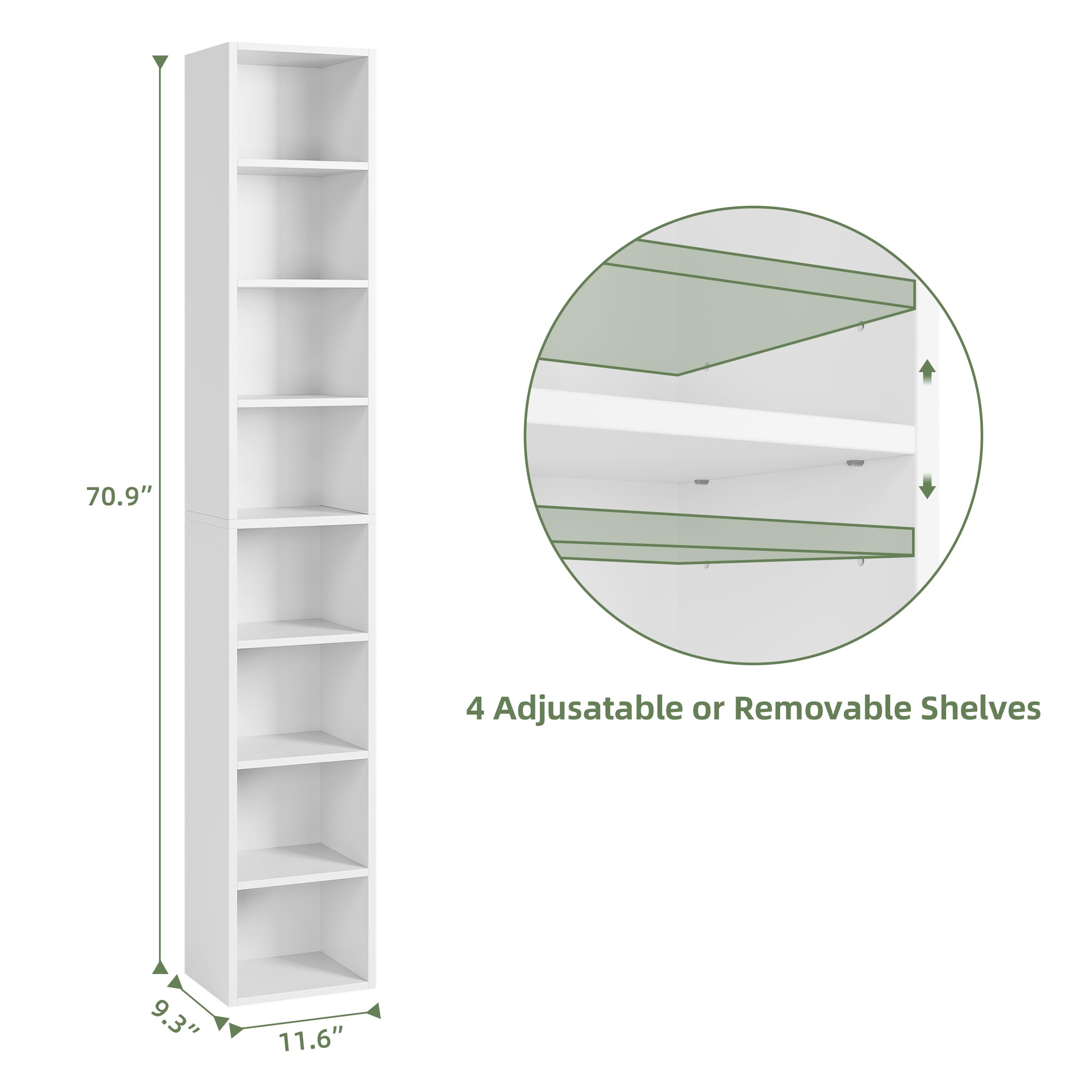 Bamjoy 71 Inches Tall Narrow Bookshelf, 8-Tier CD DVD Slim Media Tower Rack, Corner Bookcase with Adjustable Shelves, Skinny Cubes Bookshelves for Home Office Small Space, White