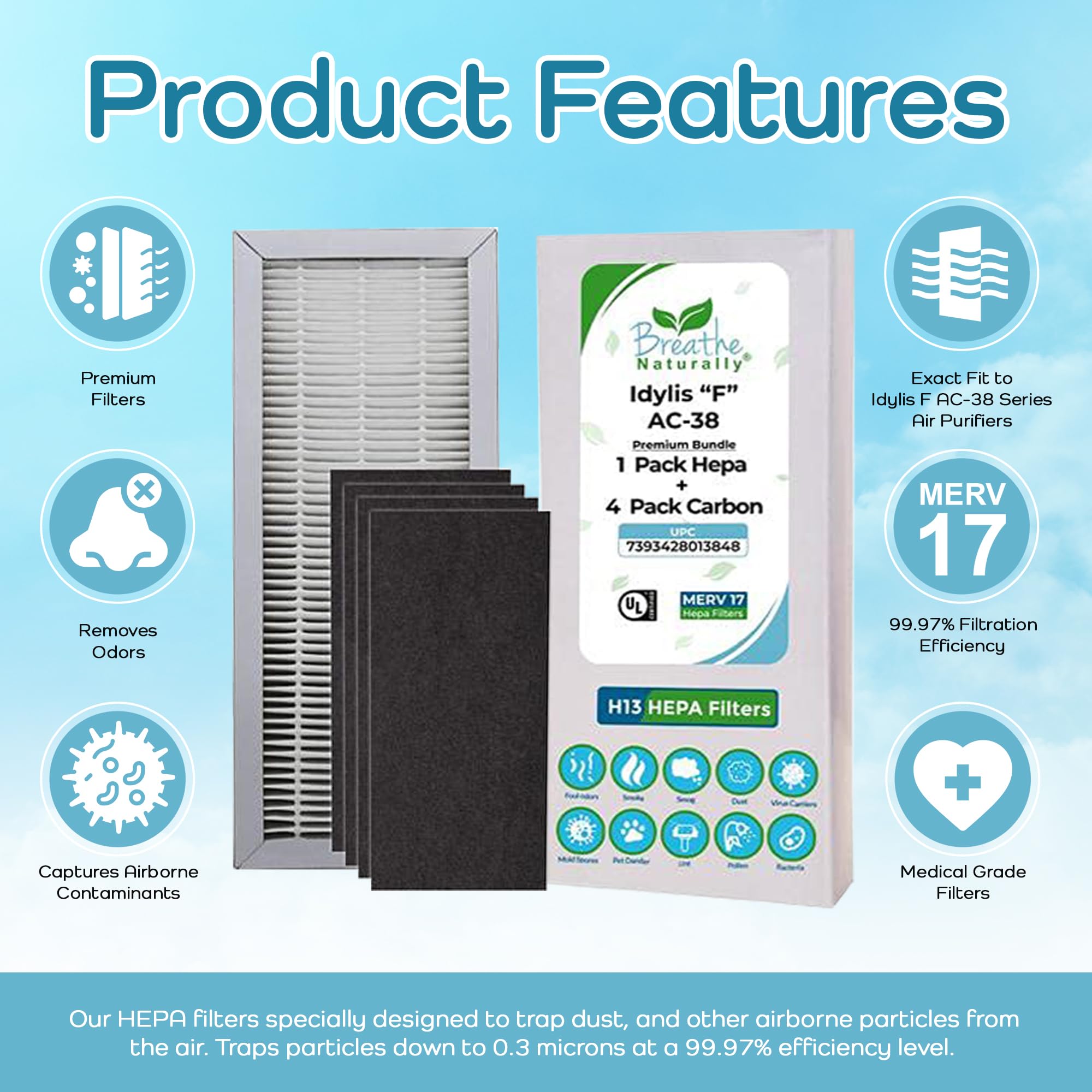 Breathe Naturally - Extra Thick Filters Compatible with Idylis “F” AC-38 Series Air Purifiers - Made for Idylis “F” AC-38/560885 Series(1 Pack Replacement HEPA Filter, 4 Pack Carbon Filters)