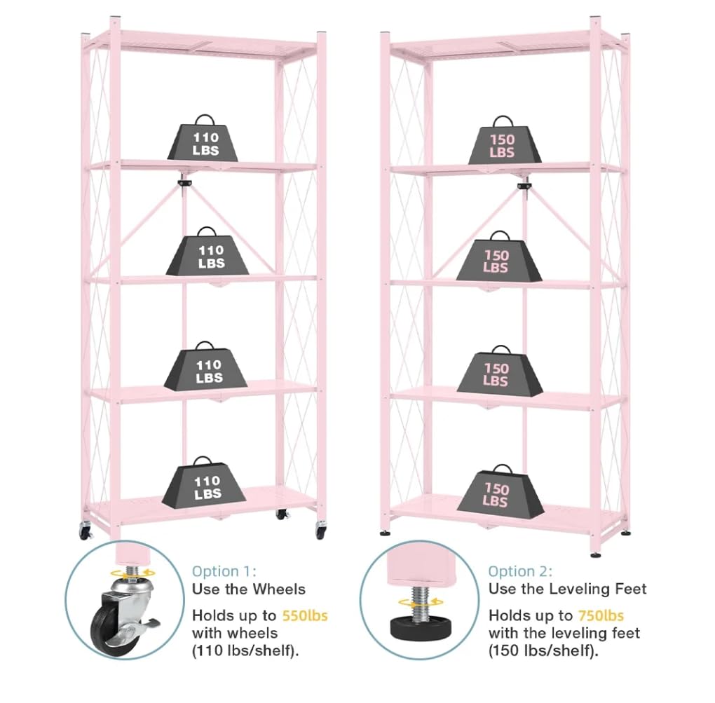 AZEITE 5-Tier Storage Shelving Unit, Heavy Duty Metal Shelf 27.9"x13.4"x62.5, Foldable Storage Shelf with Wheels, Garage Shelf, Kitchen Shelf with 4 Hooks, No Assemble Require(Pink)