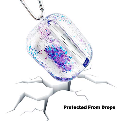uCOLOR Purple Blue Glitter Waterfall Case for AirPods Pro 2019 360 Full Protective Shockproof Portable Cover with Key Chain for Earphone AirPods Pro Charging Case