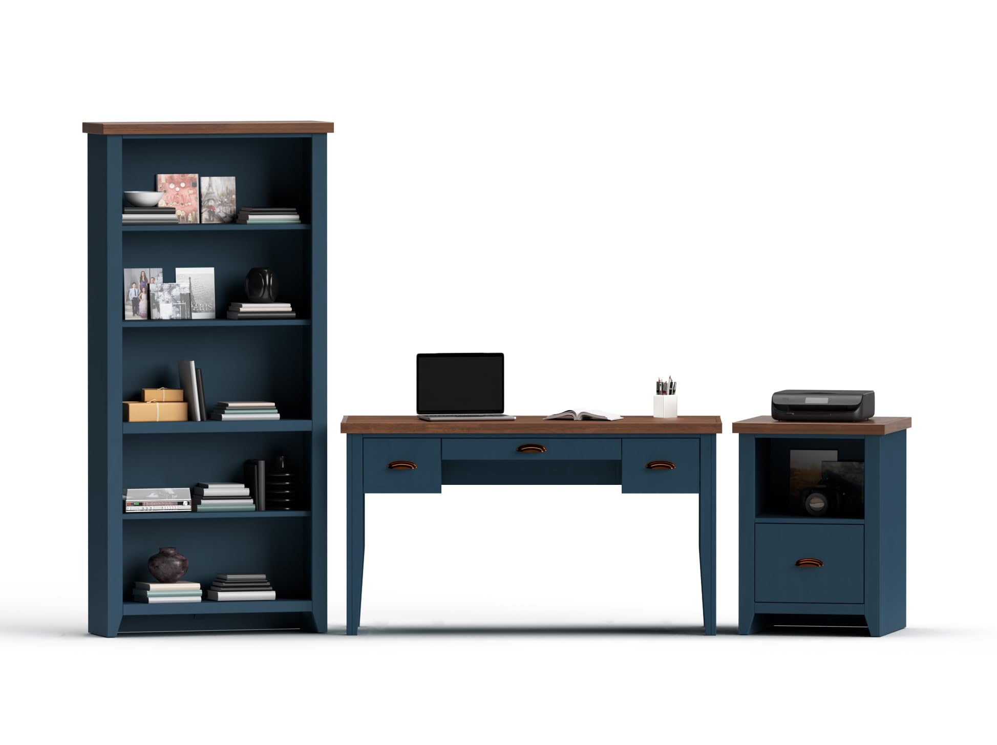 Bridgevine Home Nantucket Modern Farmhouse Bookshelf, 5-Shelf Bookcase, 72 Inch High Bookshelf, Fully Assembled, Poplar Solid Wood Bookshelf, Blue Denim and Whiskey Finish