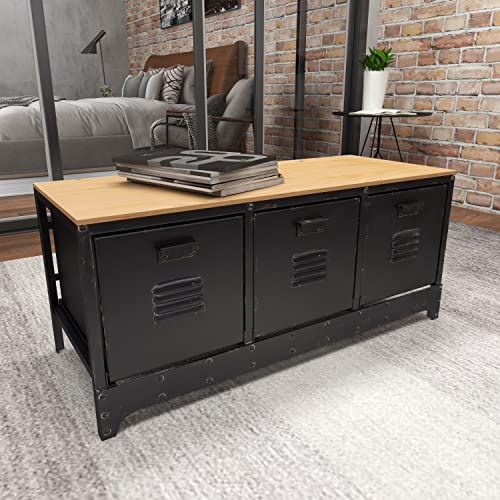 Deco 79 Metal Low Profile File Cabinet 3 Drawers Storage Bench with Brown Wood Top, 39" x 16" x 19", Black