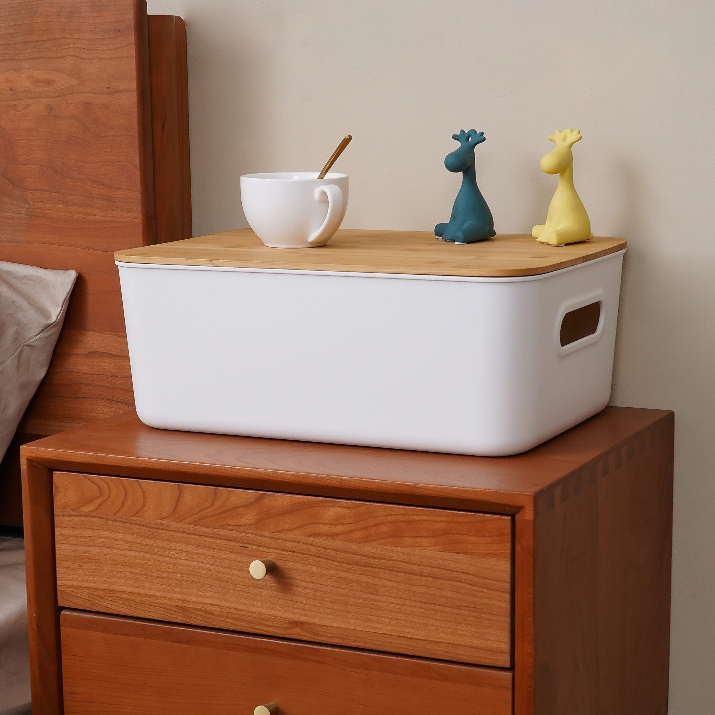 Citylife 2 PCS Storage Bins with Bamboo Lids Plastic Storage Containers for Organizing Stackable Storage Box with Handle, 15.16 x 10.79 x 5.83 inch