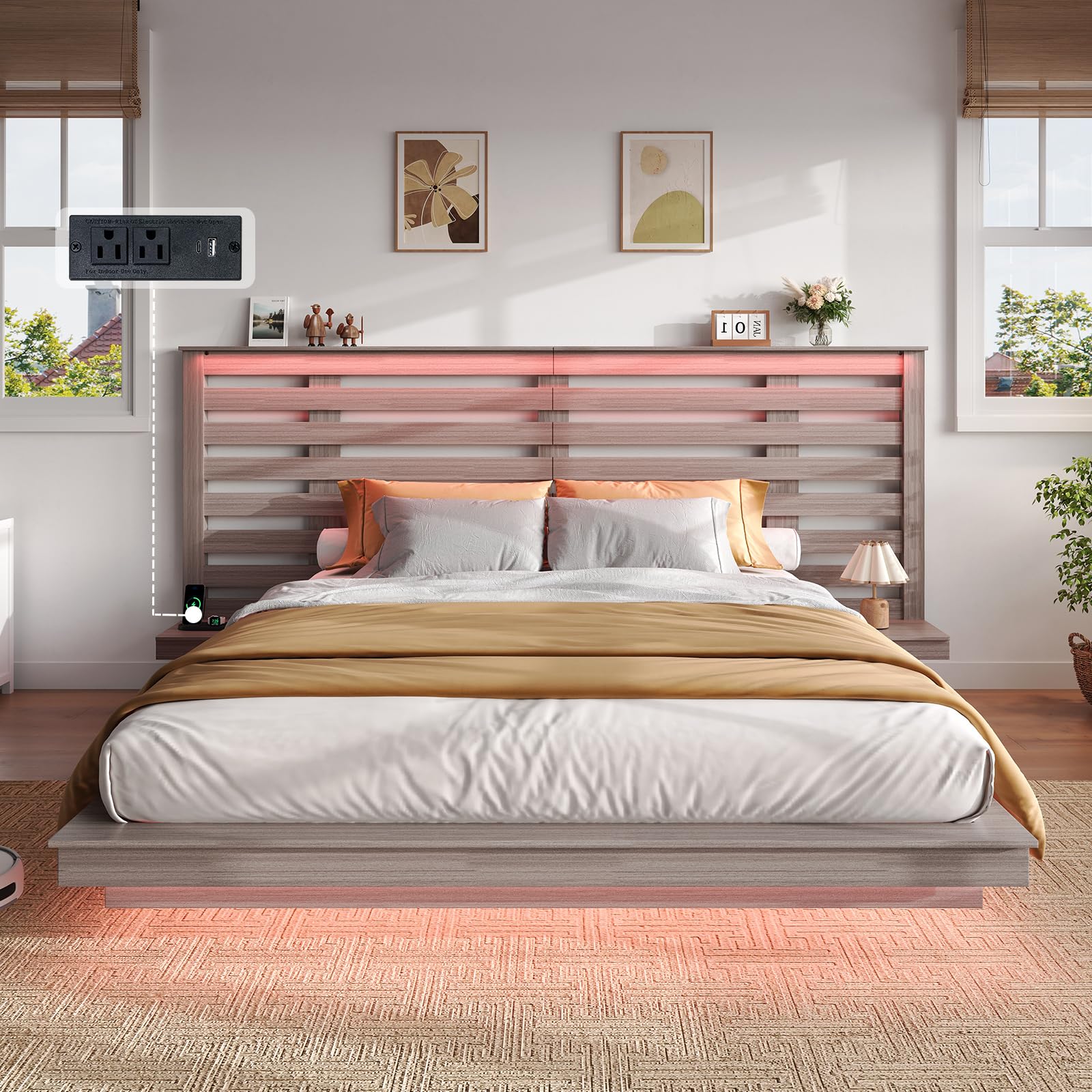 AMERLIFE Farmhouse Queen Floating Bed Frame with 96" Extended Headboard & Bedside Storage Shelf, Wood Platform Bed with LED Lights & Charging Station, No Box Spring Needed/Noise Free Taupe
