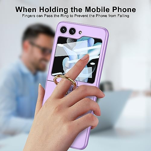 DOOTOO for Samsung Galaxy Z Flip 5 Case with Ring Holder Matte PC Built-in 9H Glass Screen Protector All-Inclusive Shockproof Case (Purple)