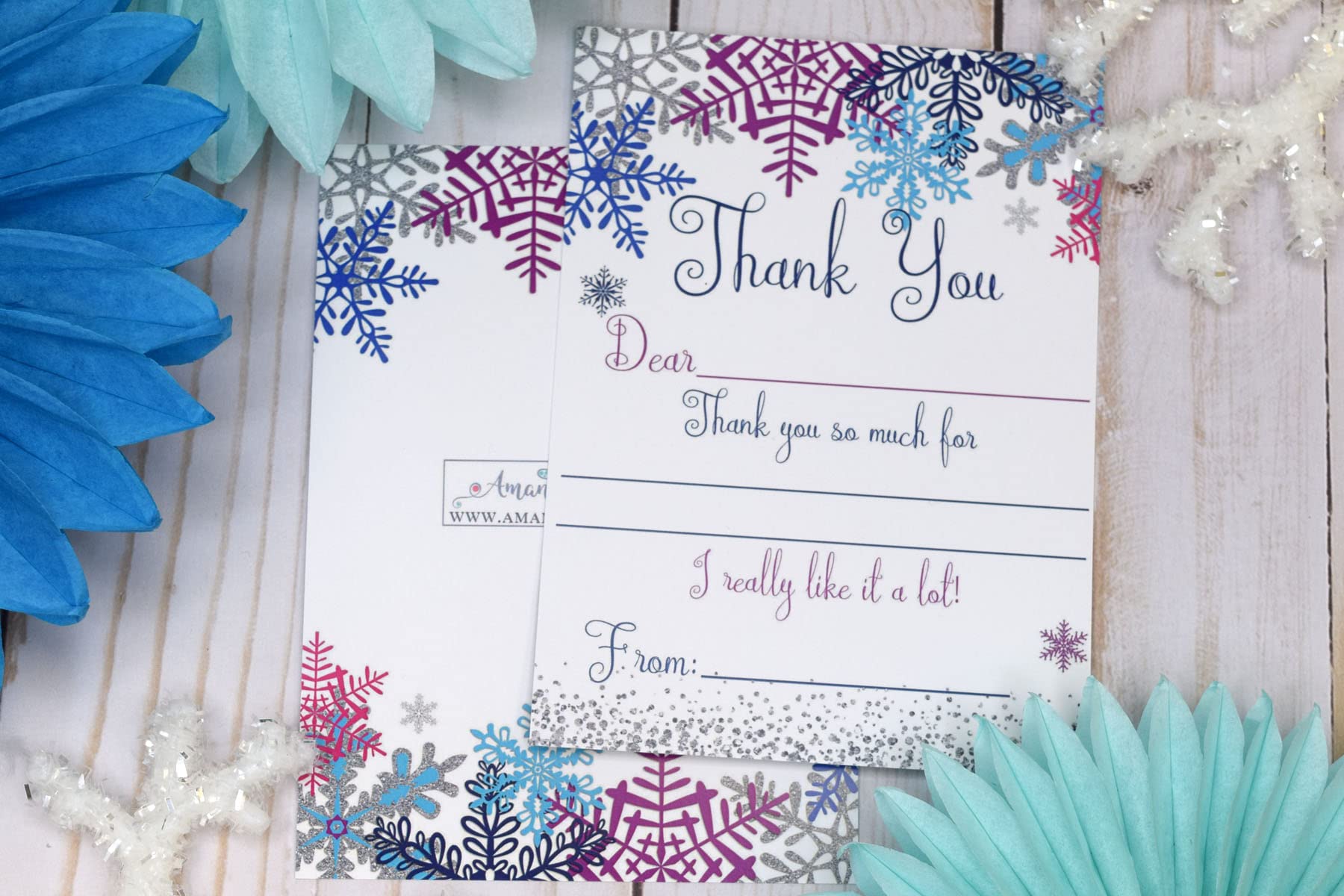 Winter Snowflake Birthday Thank You Notes, Ten 4" x 5.5" Fill In The Blank Cards with 10 White Envelopes by AmandaCreation