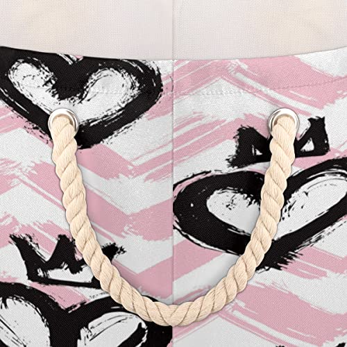 Hearts Crowns Pink Stripe Romantic Large Round Baskets for Storage Laundry Baskets with Handles Blanket Storage Basket for Bathroom Shelves Bins for Organizing Nursery Hamper Girl Boy