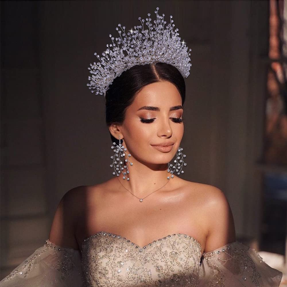 Bridal Wedding Headband Crystal Tiara Crown,Queen Tiaras and Crowns,Wedding Bride Crowns For Birthday Party Wedding Pageant Hair Accessories (Silver/Crown + necklace + Earrings)