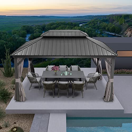 PURPLE LEAF 10' X 14' Permanent Hardtop Gazebo Aluminum Gazebo with Galvanized Steel Double Roof for Patio Lawn and Garden, Curtains and Netting Included, Grey
