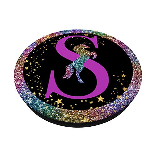 Purple Monogram Letter S Initial Rainbow Unicorn PopSockets Swappable PopGrip