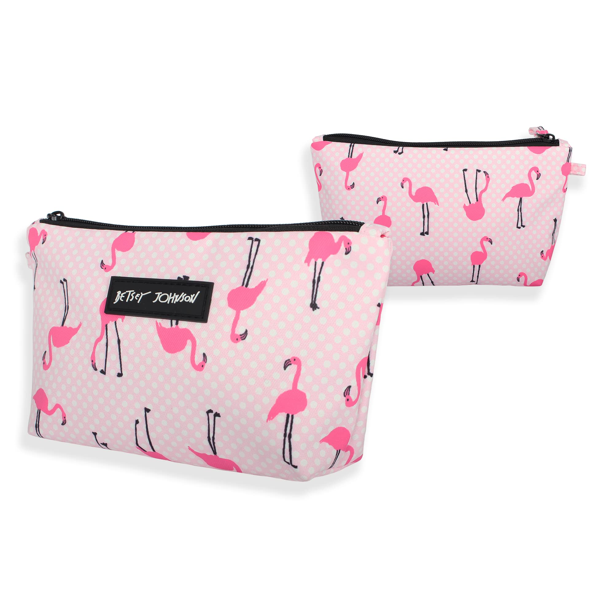 Betsey Johnson 8.5 Inch Zipper Cosmetic Pouch Small Toiletry BagâLightweight Durable Polyester Organizer with Inner Zipped Pocket Good For Makeup Accessories and Travel Needs (Flamingo Strut)