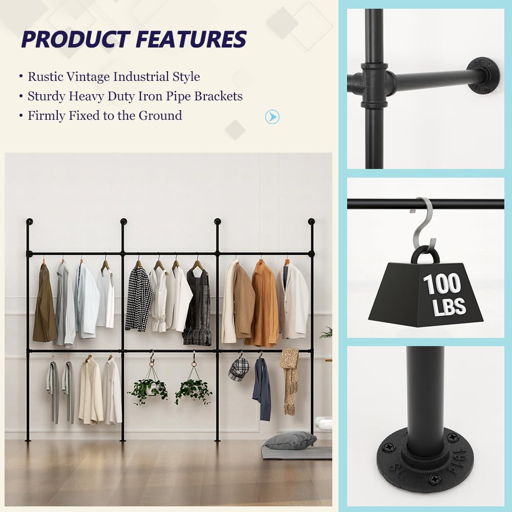 KELIXU Industrial Pipe Clothing Rack Height Adjustable Garment Rack for Hanging Clothes, Heavy Duty Iron Clothes Rack with Double Rods, Wall Mounted Walk in Closet Systems (Three, Black)