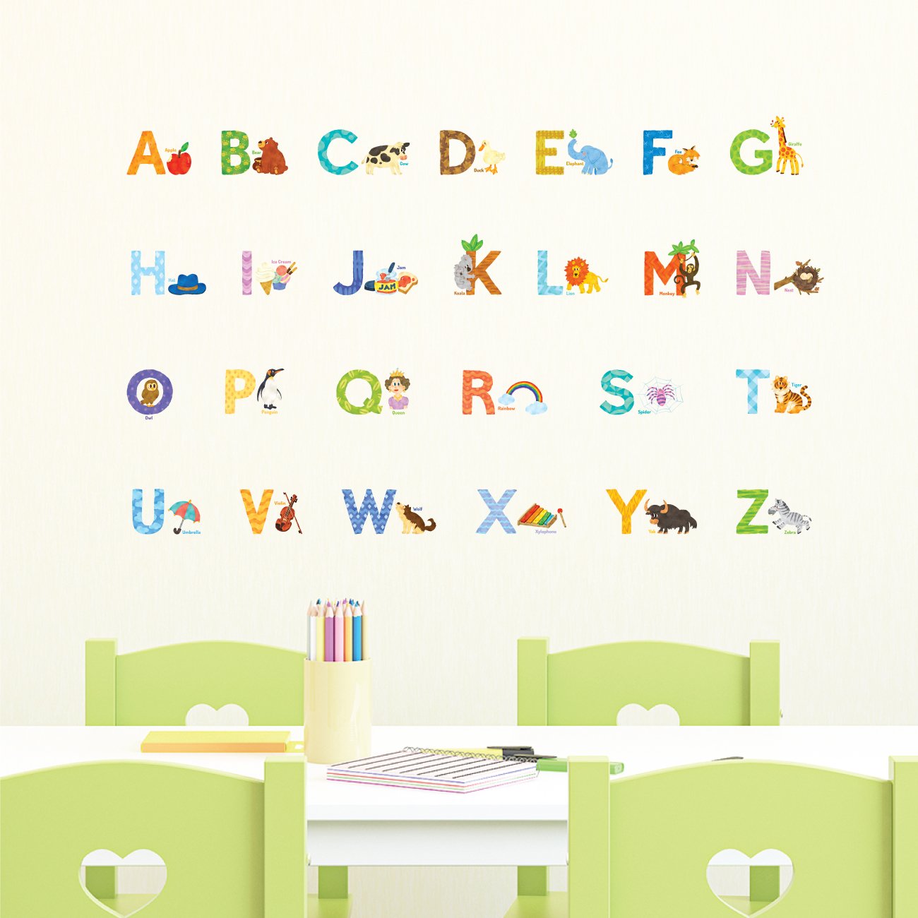 DECOWALL DS-8003 Watercolour Animal Alphabet Kids Wall Stickers Wall Decals Peel and Stick Removable Wall Stickers for Kids Nursery Bedroom Living Room (Small) d?cor