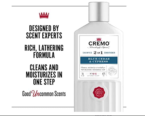 Cremo Barber Grade Blue Cedar & Cypress 2-in-1 Shampoo & Conditioner, 16 Fl Oz (2-Pack)