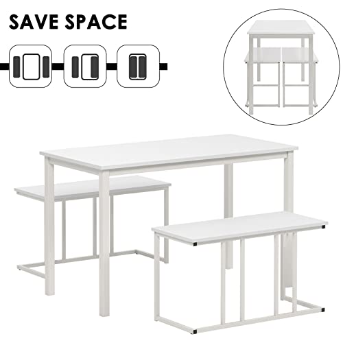 DlandHome 47'' Dining Table Set for 4, Kitchen Table Set Dining Table and 2 Benches, Kitchen Table and Benches, 3 Pieces Breakfast Table Set Dining Table with Bench Dining Room Bench Set, White