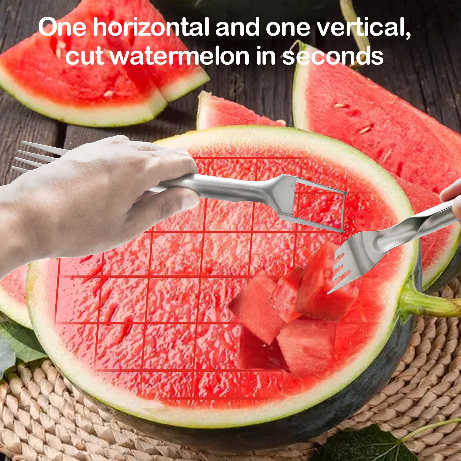 Aphrordity 2 Pcs Watermelon Fork Slicer Cutter, Stainless Steel Watermelon Slicer Cutter 2-In-1 Summer Watermelon Fruit Cutting Fork, for Home Party Camping Kitchen Gadget