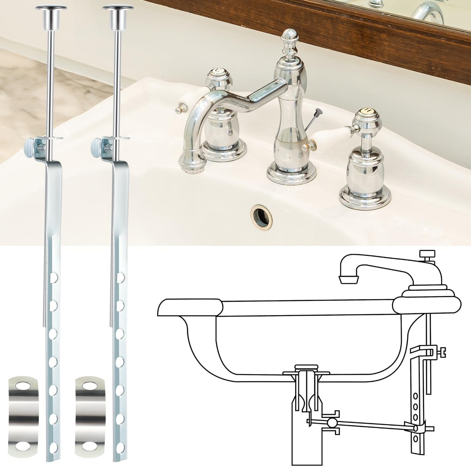 Enhon 2 Pack Universal Lavatory Pop Up Drain Lift Rod, Linkage, and Spring Clip Kit, Replacement for PF0906-CH, Bathroom Sink Stopper Pull Pivot Rod Assembly, Chrome