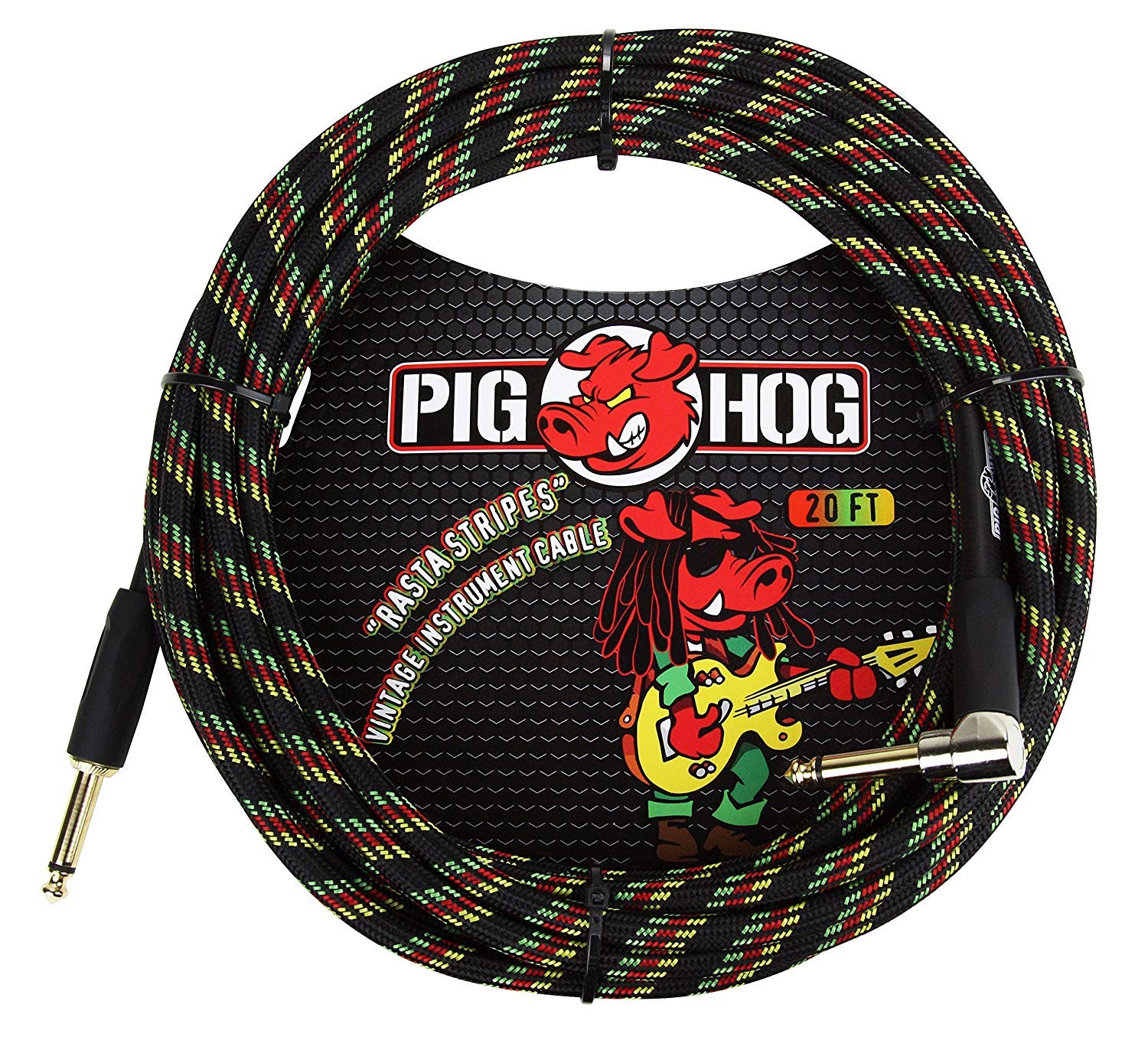 Briskdrop Pig Hog PCH20RAR Rasta Stripes Vintage Instrument Cable, 20ft. Straight-Right Angle - 2 Pack