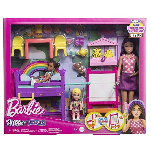 Barbie Skipper First Jobs Daycare Playset, 3 Dolls, Furniture & 15+ Accessories, Includes Bunkbeds & Color-Change Easel