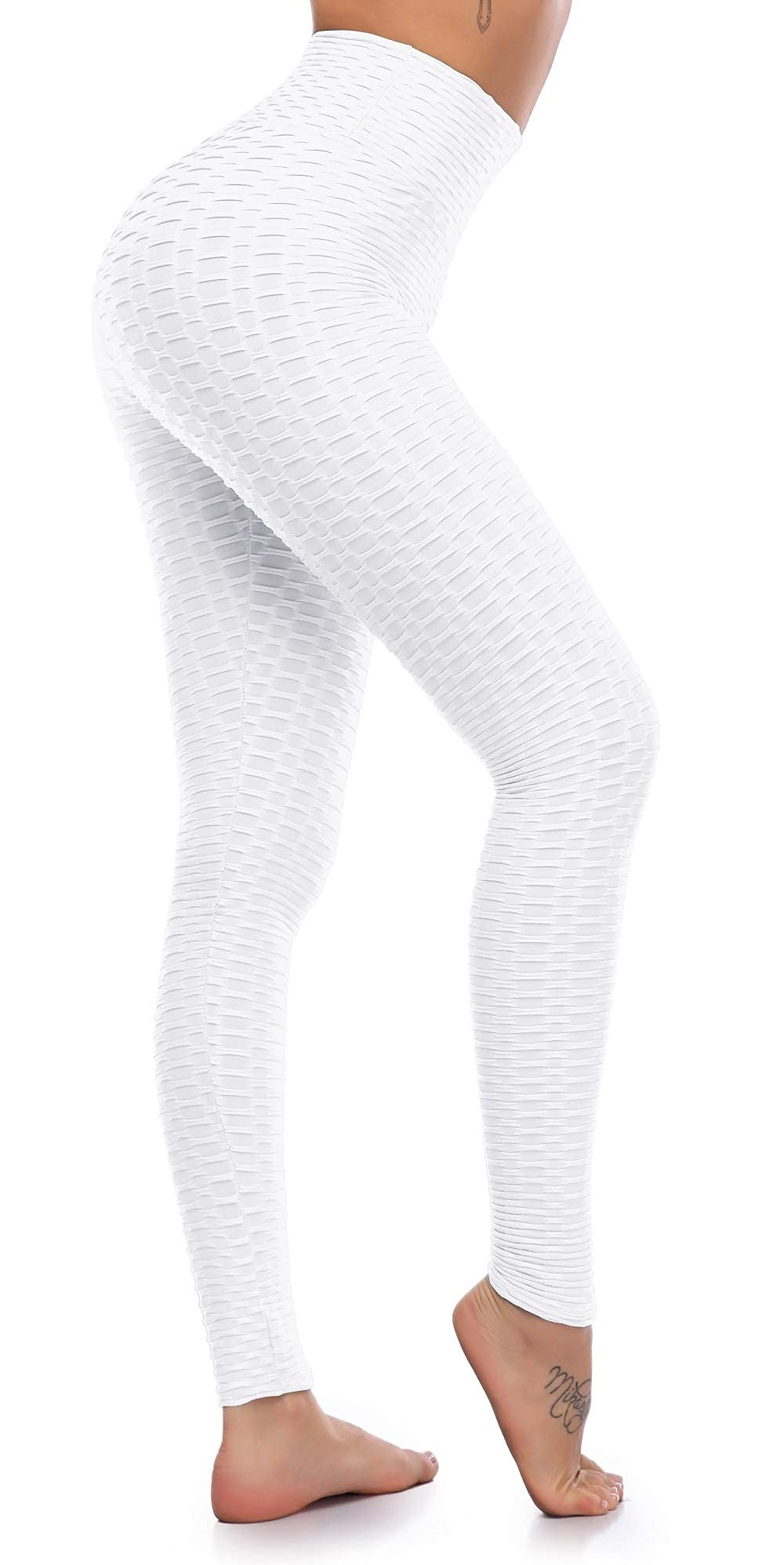 A-Wintage Women's High Waist Yoga Pants Butt Lifting Leggings Workout Seamless Leggings Textured Booty Tights White