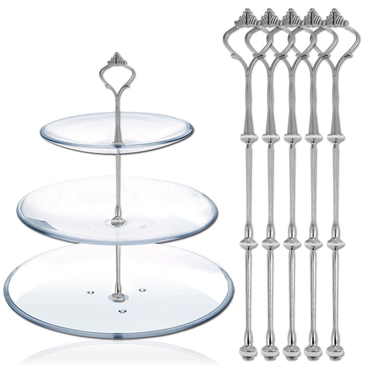 Happy Will 5 Sets 3 Tier Crown Cake Stand Fruit Cake Plate Handle Fitting Hardware Rod Stand Holder with Stylus Silver (Plates Not Include)