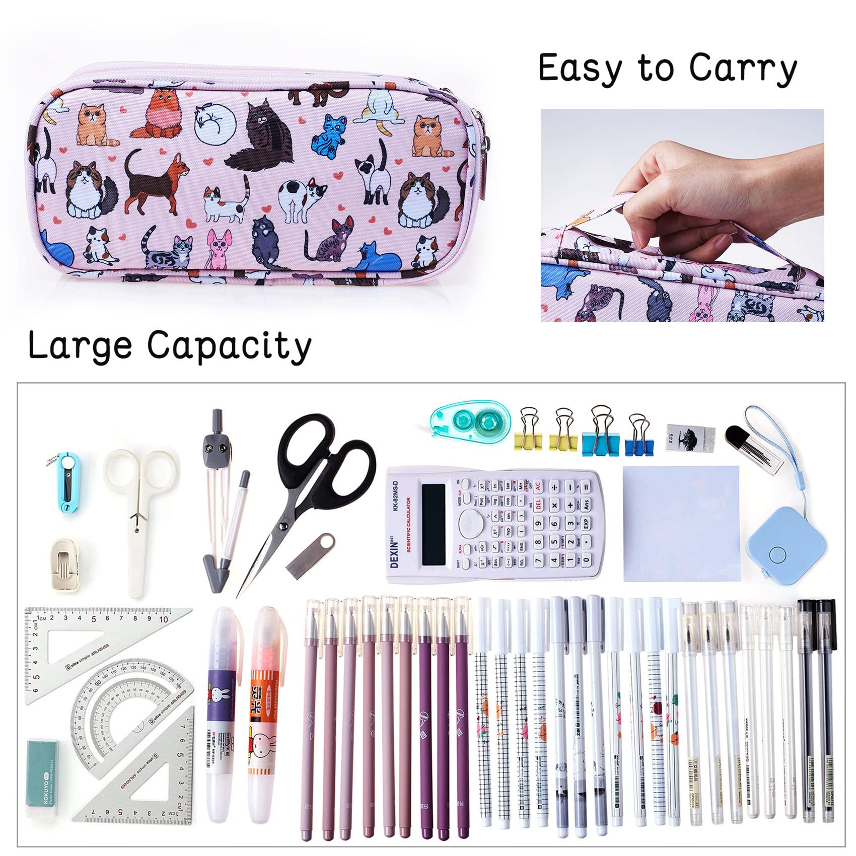 LParkin Cute Cat Pencil Case Super Large Capacity 3 Compartments Canvas Pencil Box Kawaii Makeup Bag Cat Gifts for Boys Girls