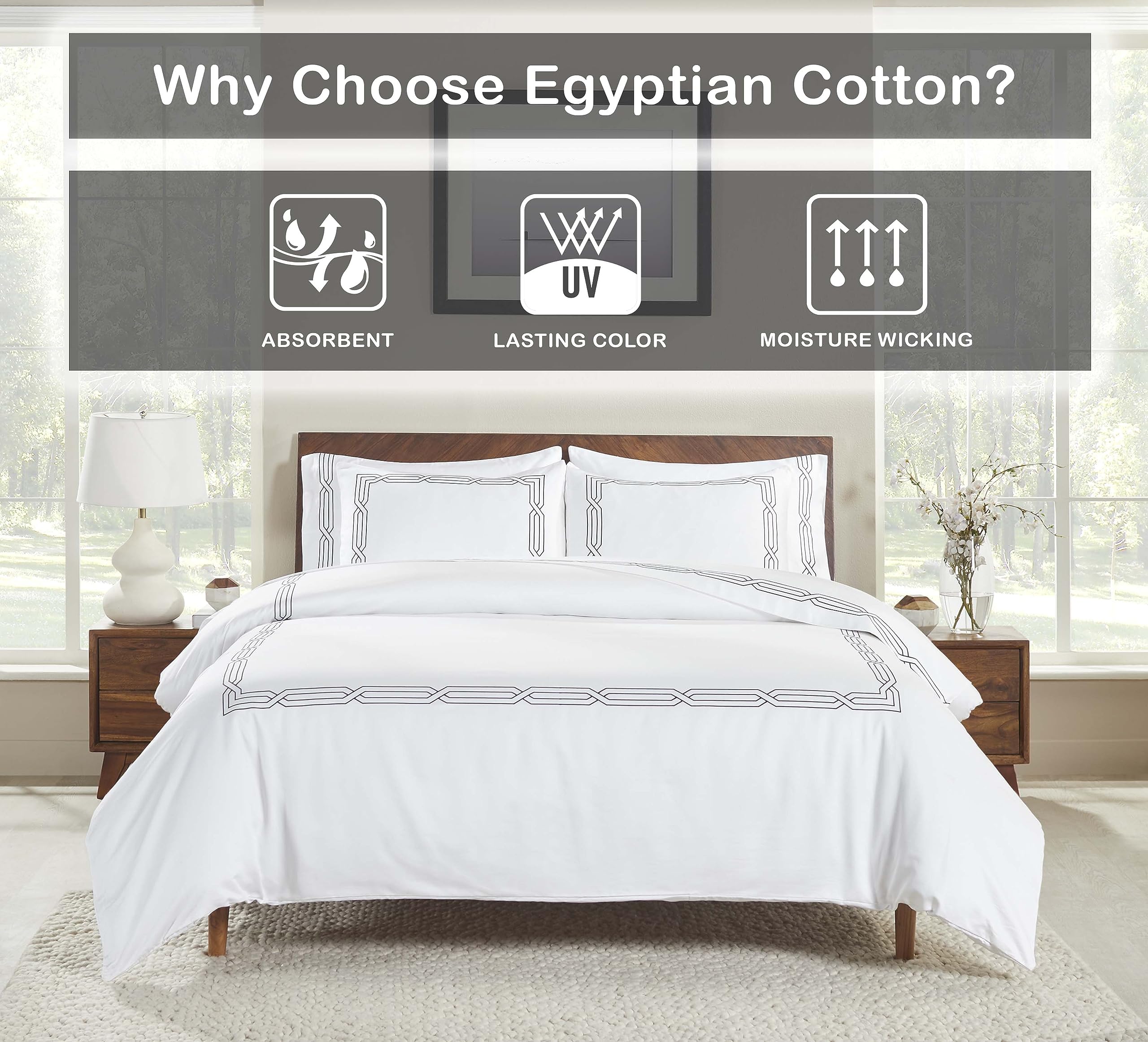 Superior Egyptian Cotton 1200 Thread Count Embroidered 3-Piece Duvet Cover Set, 1 Duvet Cover, 2 Pillow Shams, Bedding Essentials Decor, Soft Comforter Cover, King/California King, White-White