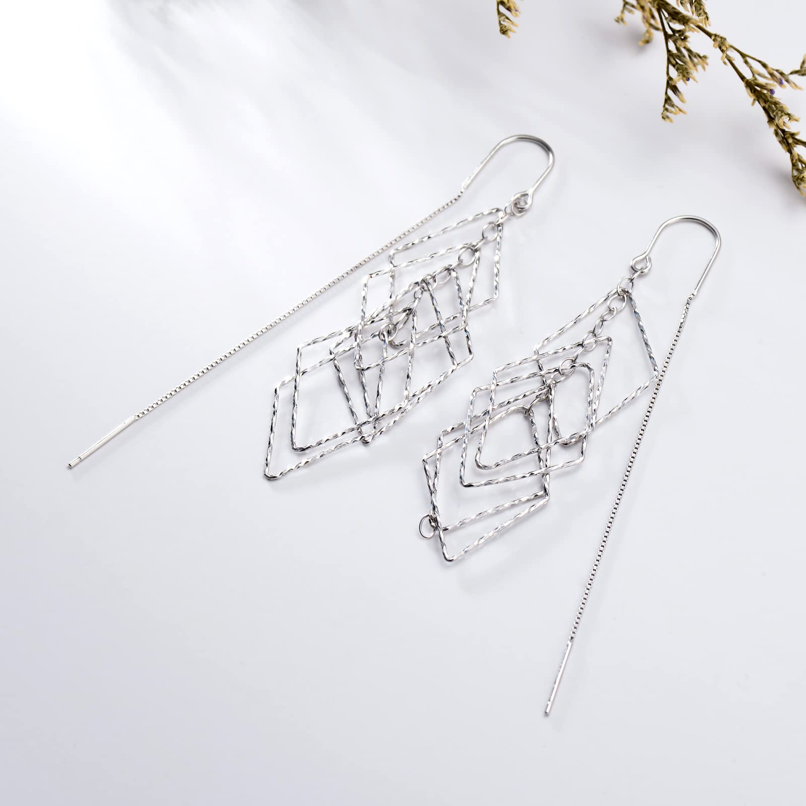 925 Sterling Silver Threader Earrings Geometric Rhombus Tassel Dangle Drop Long Charm Earrings Jewelry Gifts for Women