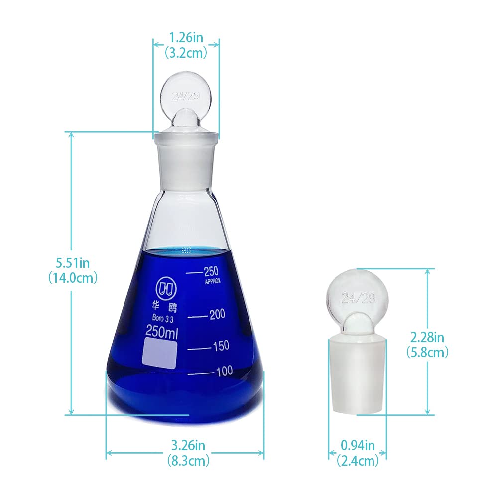HUAOU 250ml Glass Erlenmeyer Flask Set, 3pcs Laboratory Glassware Flask with Glass Stopper for Chemistry Classroom Home Use, 3.3 Borosilicate Labware Science Flask, Narrow Mouth, Printed Graduation