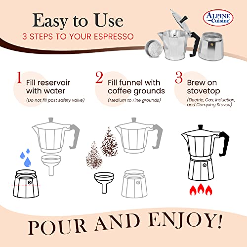 Alpine Cuisine Stovetop Espresso Maker 12.5 Oz, 9 Espresso Cups Moka Pot for Classic Italian and Cuban Coffee Maker, Aluminum Moka Pot, Makes Delicious Coffee, Excellent Camping Coffee Pot