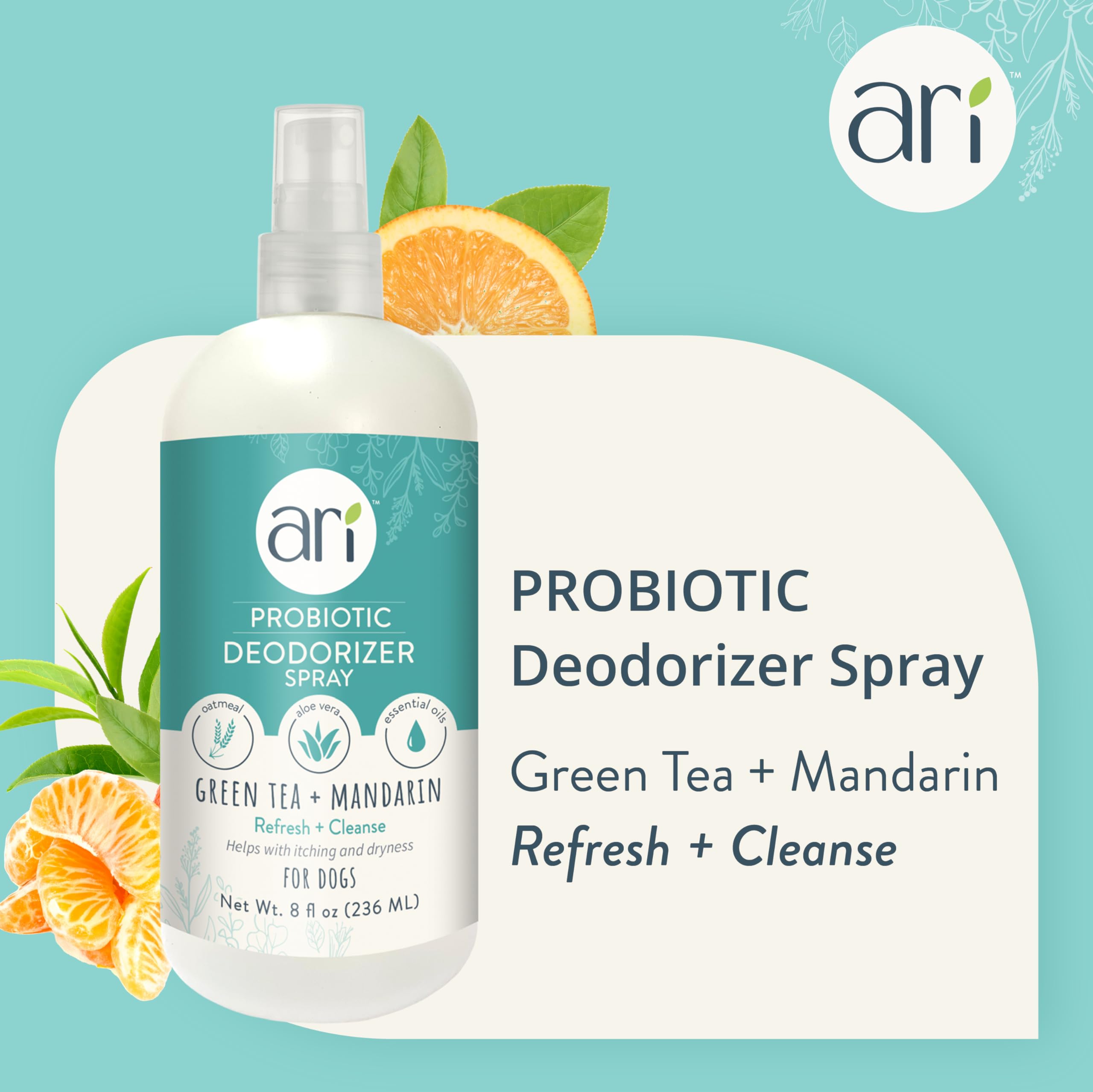 Ari Probiotic Deodorizer Spray for Dogs (8 oz) β Green Tea & Mandarin Scent β pH-Balanced, Long-Lasting Freshness, Sulfate-Free, Gentle for All Breeds