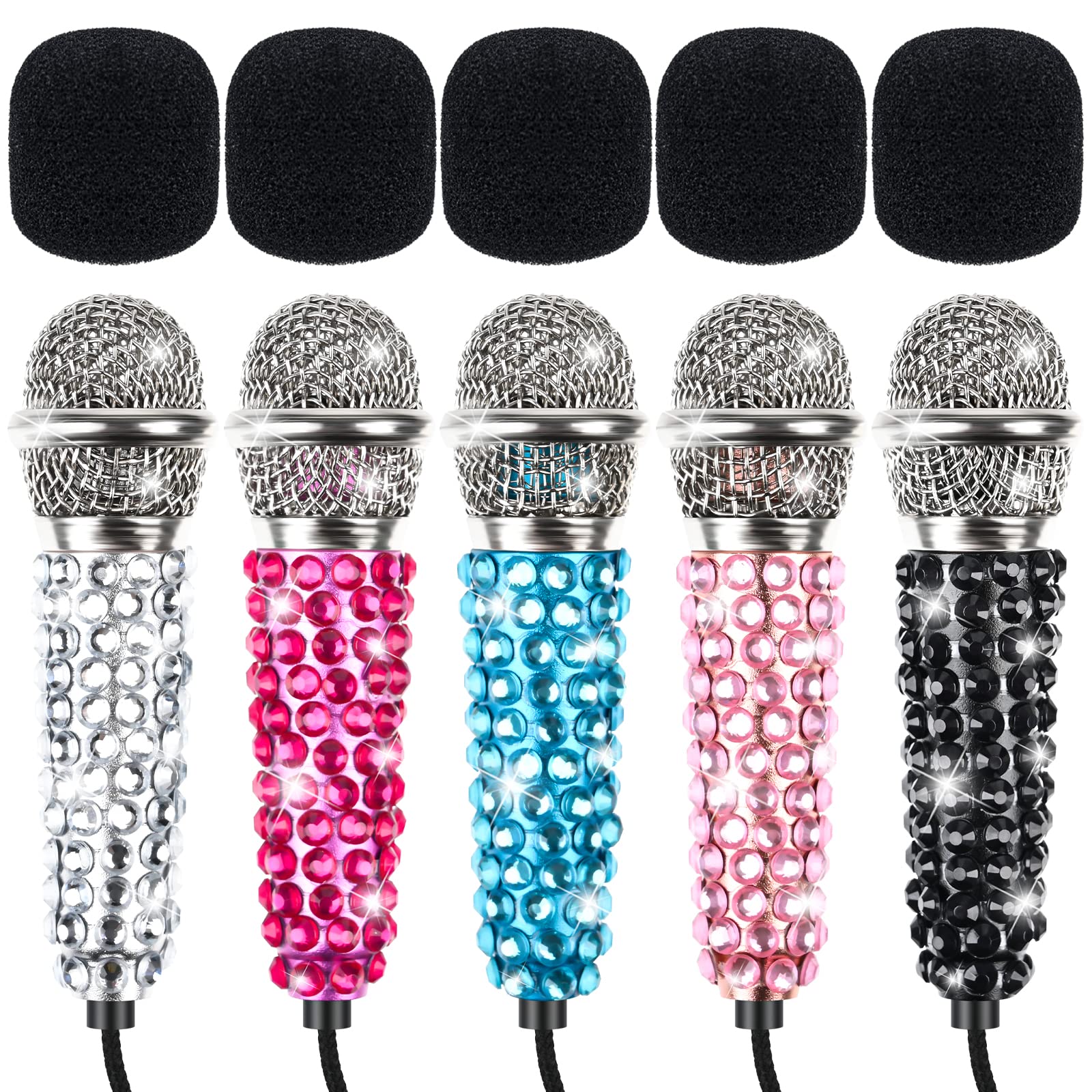 5PCS Mini Microphone Portable Vocal Instrument Tiny Phone Microphone Asmr Karaoke Microphone with 5 Pieces Rhinestone Stickers | 3.5mm Audio Connector Suitable for Apple Android Mobile Phone Laptop