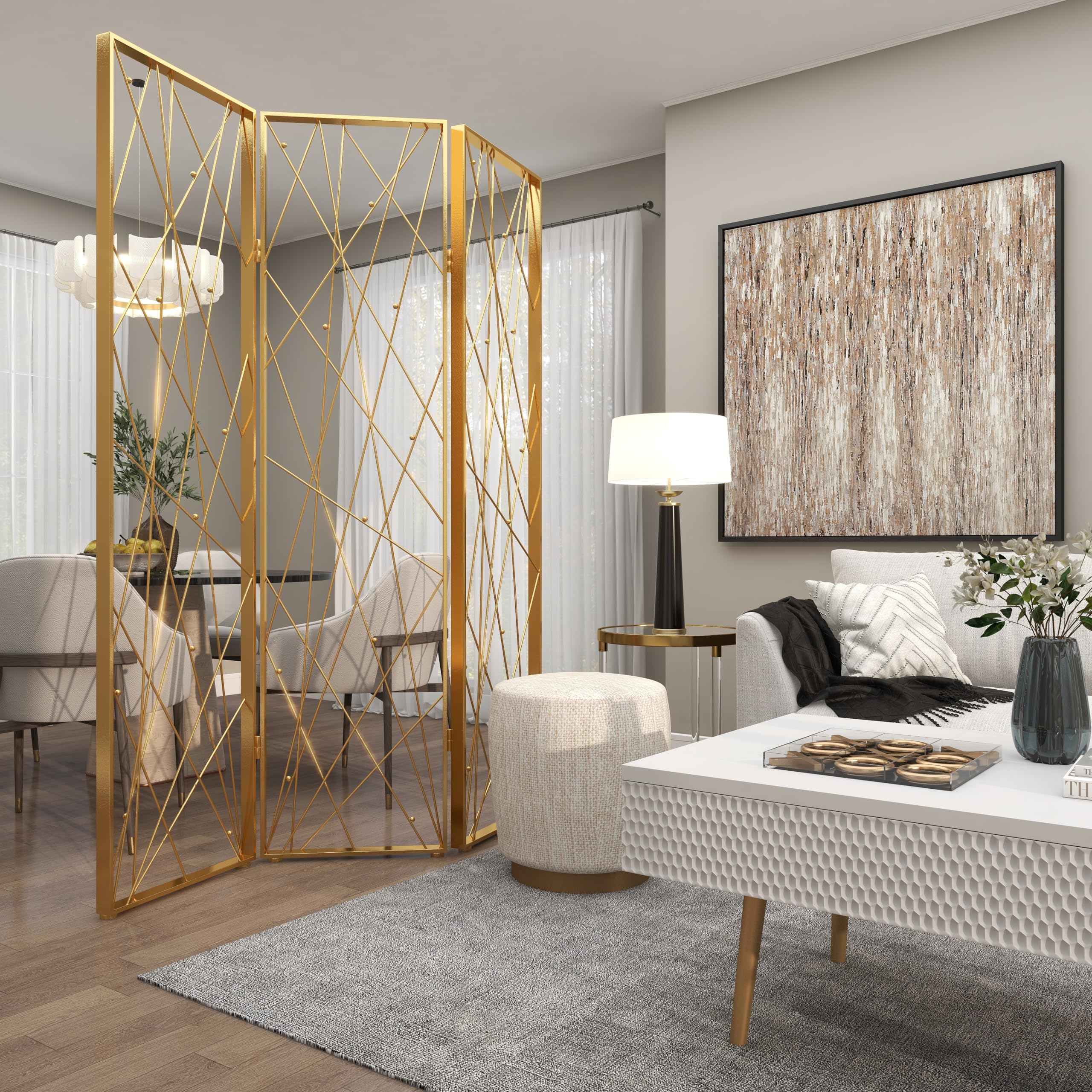 Deco 79 Metal Abstract Partition Room Divider Screen Foldable Partition Wire Rod 3 Panel Privacy Screen with Small Ball Accents, Room Partition 59" x 2" x 79", Gold