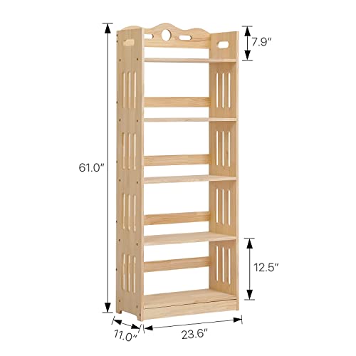 MoNiBloom 5 Tier Bookcase with Open Shelves, Solid Wood Storage Organizer Book Shelf Cabinet Display Organizer for Kids Room Living Room Bedroom, Natural