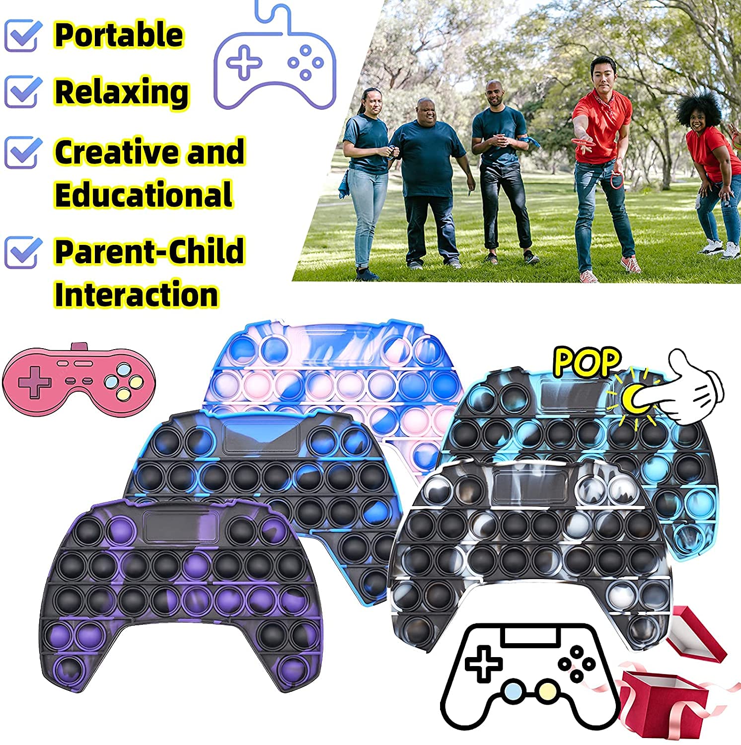 BEVEEN Game Controller Gamepad Shape Push Pop Bubble Fidget Sensory Toy,Silicone Stress Reliever Push Pop Fidget Toy, Squeeze Sensory Toy for Kids, Educational Game Toy Gift for Kids (Red / Black)