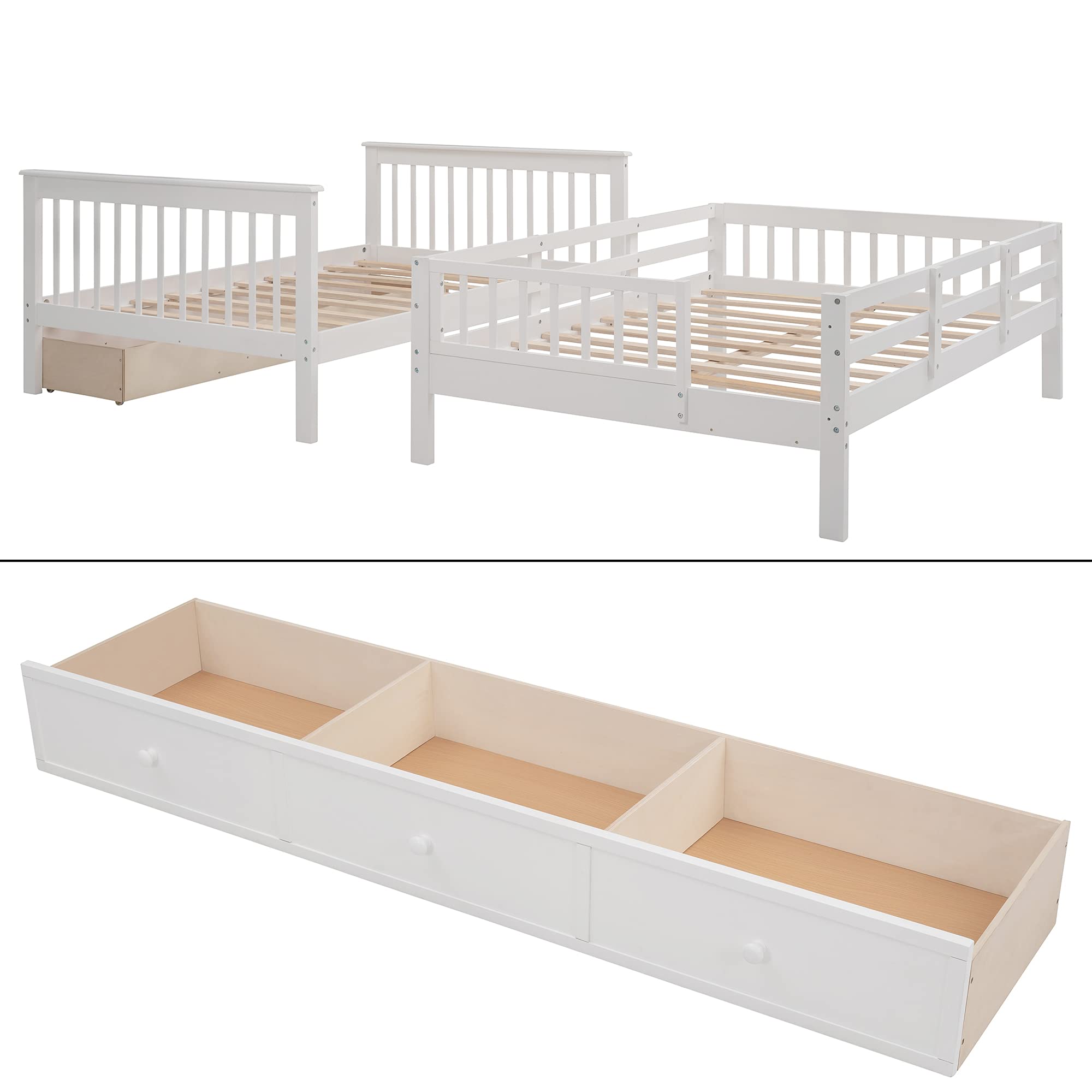 Harper & Bright Designs Full Over Full Bunk Beds with Storage Drawers and Stairs Wood Bunk Bed Frame for Kids Boys Girls Teens, White