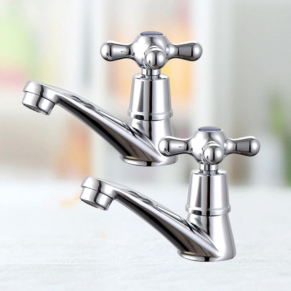 DOITOOL 2 Pcs Basin Taps Mixers Bathroom Sink Tap Basin Mixer Tap Single Lever Basin Faucet Cross Handle Cold Water Sink Basin Taps for Bathroom Kitchen ((Blue Drop Model)