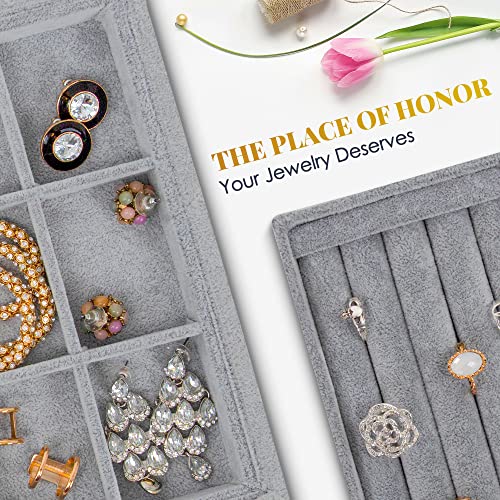Houseables Jewelry Tray Organizer, Stackable Accessories, Storage, 13.8"x 9.5", Grey, 4 Pcs, Earring Box, Adjustable Drawer Insert, Velvet Ring Holder, Bracelet & Necklace Display, Cufflink Case