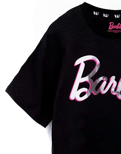 Barbie T-Shirt for Women | Ladies Doll Logo White Pink | Black Longline Relaxed Design Top Clothes Medium