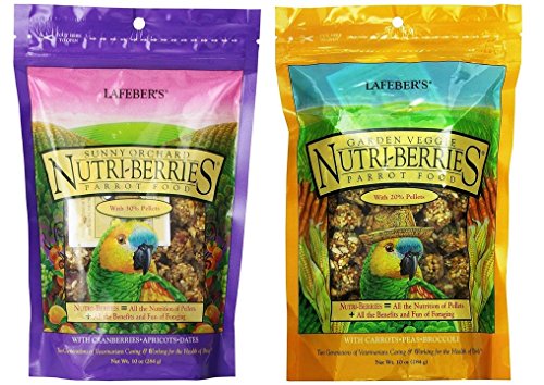 LAFEBER'S Nutri-Berries Parrot Food 2 Flavor Variety Sampler Bundle, (1) Each: Sunny Orchard with Cranberries Apricots Dates, Garden Veggie with Carrots Peas Broccoli (10 Ounces)