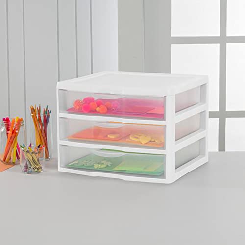 Sterilite Clear Plastic Stackable Small 3 Drawer Storage System for Home Office, Dorm Room, or Bathrooms, White Frame, (6 Pack)