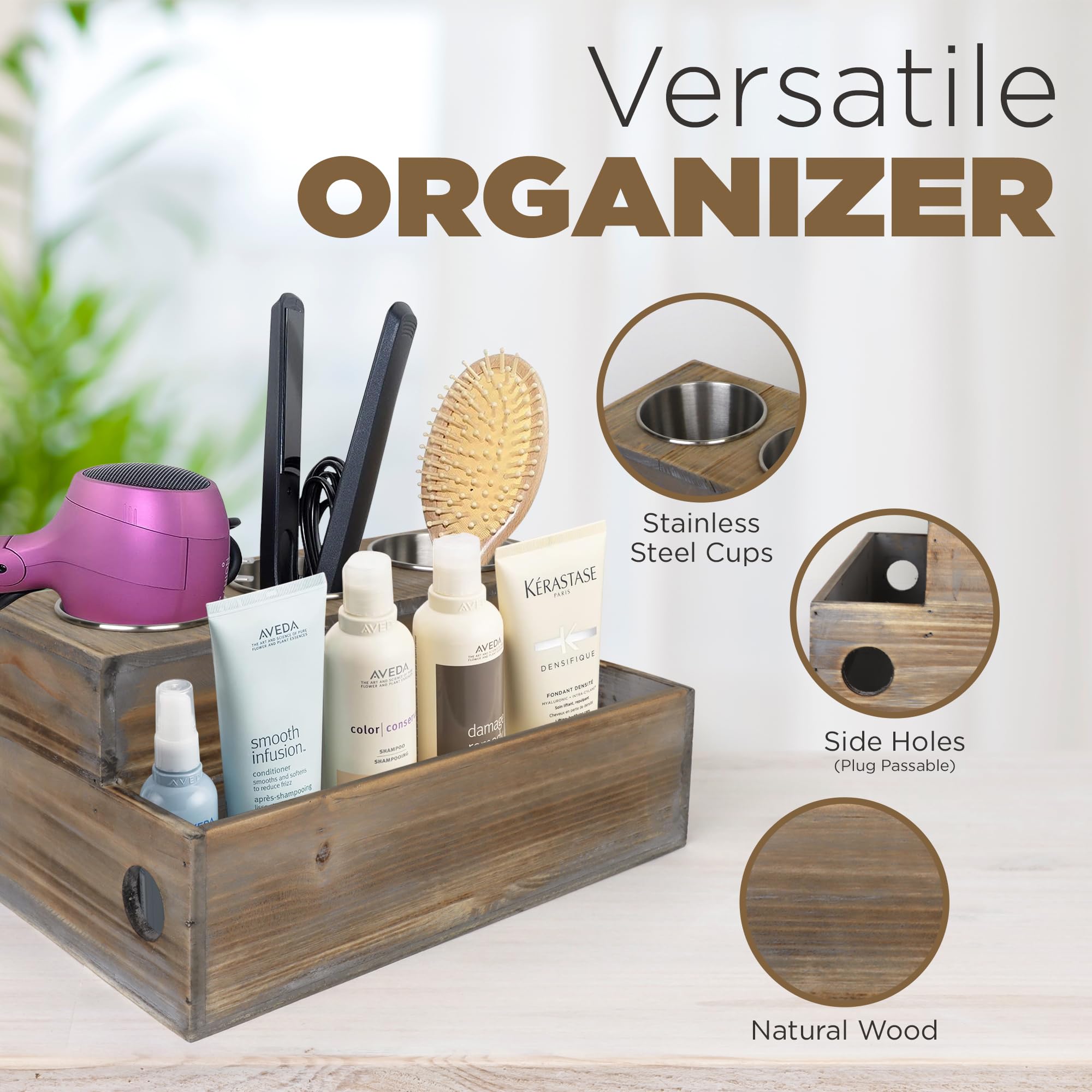 Besti Wooden Hair Dryer Holder β Hair Tools and Styling Supplies Organizer and Storage for Vanity and Bathroom - Natural Elegant Design - Multi-Functional Caddy for Accessories, Makeup, Toiletries