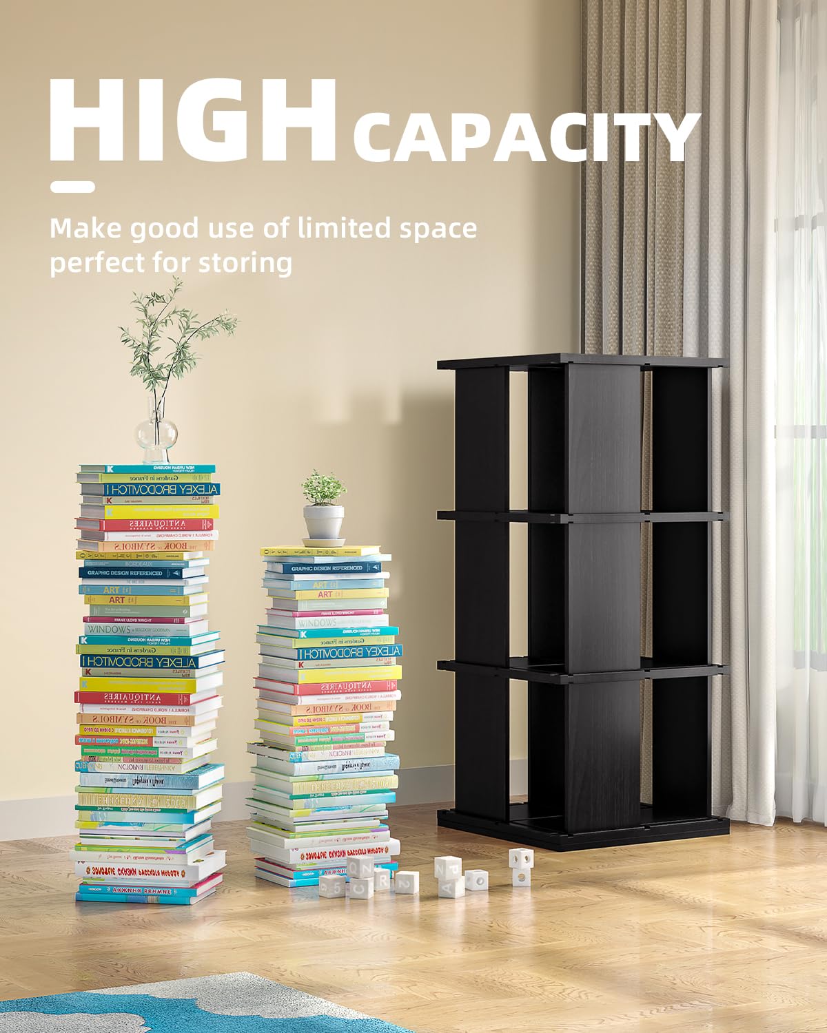 ATRURAL Rotating Bookshelf, 4-Shelf 360° Solid Wood Book Shelf Tower, Stackable Revolving Bookcase Organizer for Living Room, Bedroom, Study(White 4 Tier)