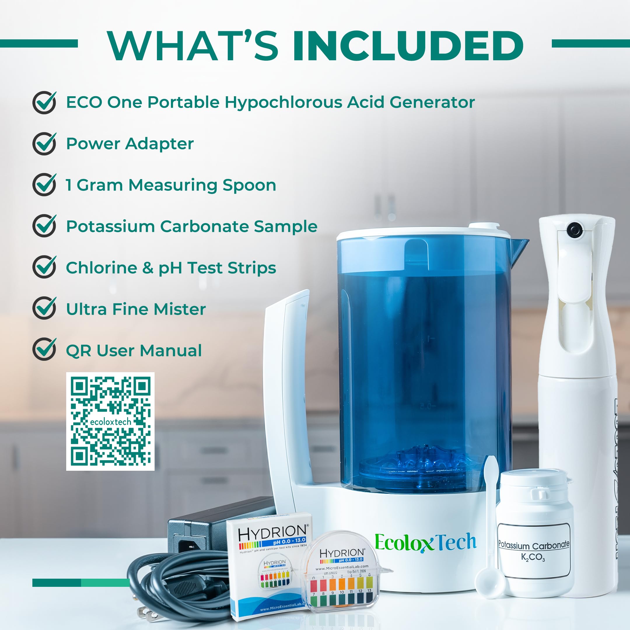 Ecoloxtech Eco One Electrolyzed Water System - Portable Hypochlorous Acid Generator - with Chlorine & pH Test Papers - HOCL Hypochlorous Mist - Sodium Hypochlorite Generator