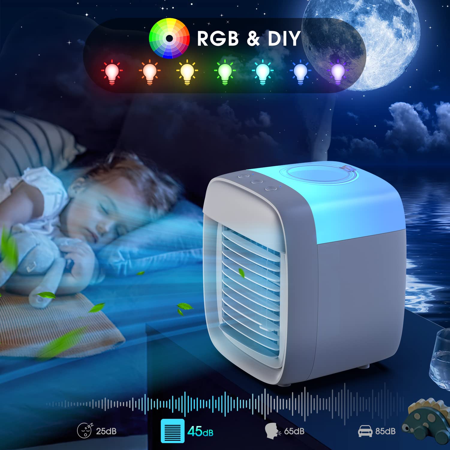 DOWILLDO Portable Air Conditioners, Mini Air Conditioner for Room with 880ML Water Tank, 3 Speeds Air Conditioner Fan with 7 Colors Night Light for Car, Kitchen, Home and Office